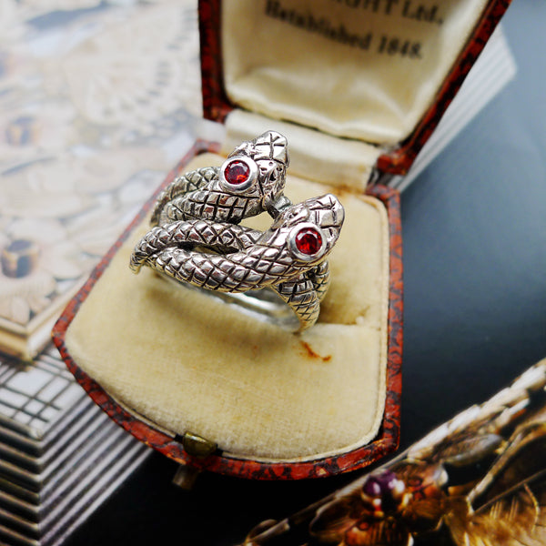 ART DECO SILVER 925 MARKED RED PASTE DOUBLE SNAKE HEAD RING - SHECH