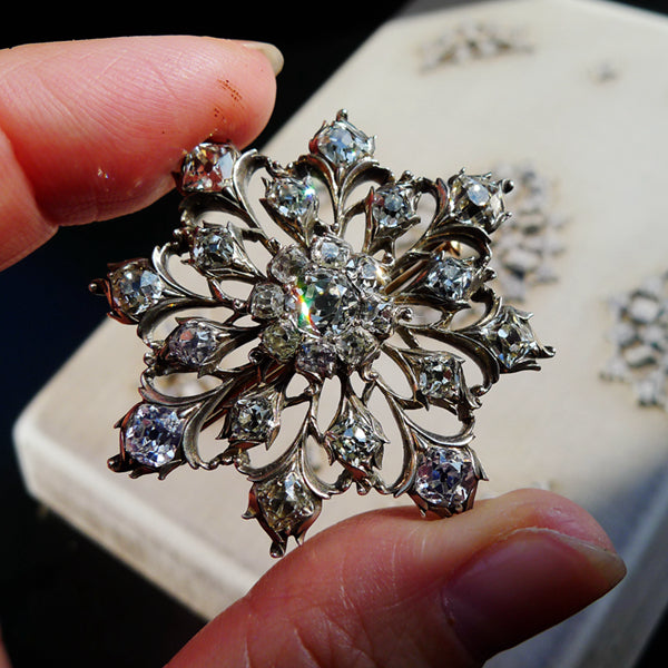 GEORGIAN SILVER AND GOLD OLD CUT DIAMOND SNOWFLAKE BROOCH - SHECH