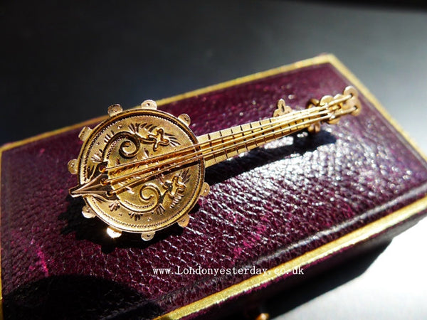 ENGLISH 9CT GOLD HALLMARKED BIRMINGHAM C1890 MANDOLIN BROOCH WITH BOX ...