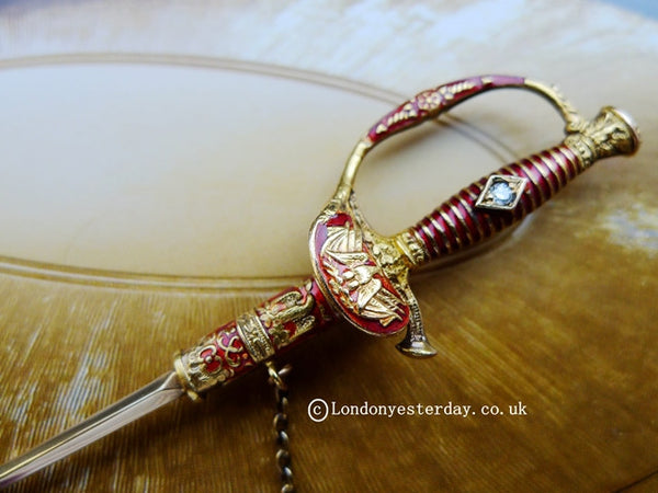EDWARDIAN 14CT GOLD RED ENAMEL DIAMOND SWORD BROOCH - SHECH